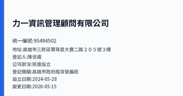 力一資訊管理顧問有限公司的照片-統編 95494502(高雄市) 公司登記資料與營業項目詳細圖表