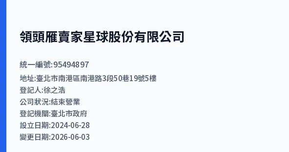 領頭雁賣家星球股份有限公司的照片-統編 95494897(臺北市) 公司登記資料與營業項目詳細圖表
