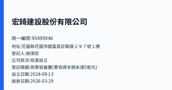 宏錡建設股份有限公司的照片-統編 95495946(花蓮縣) 公司登記資料與營業項目詳細圖表