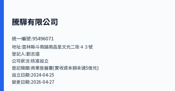 騰驊有限公司的照片-統編 95496071(雲林縣) 公司登記資料與營業項目詳細圖表