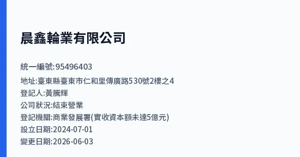 晨鑫輪業有限公司的照片-統編 95496403(臺東縣) 公司登記資料與營業項目詳細圖表
