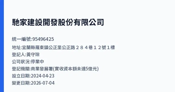 馳家建設開發股份有限公司的照片-統編 95496425(宜蘭縣) 公司登記資料與營業項目詳細圖表