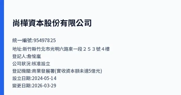 尚樺資本股份有限公司的照片-統編 95497825(新竹縣) 公司登記資料與營業項目詳細圖表