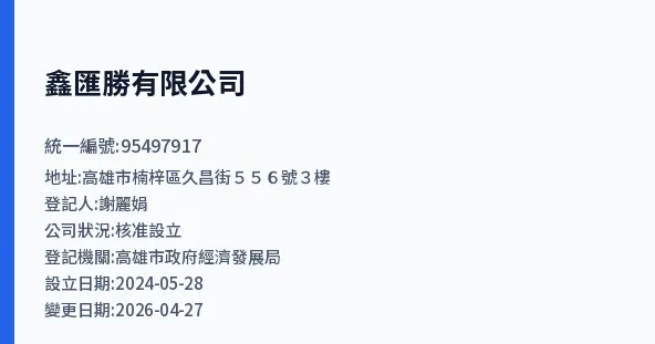 鑫匯勝有限公司的照片-統編 95497917(高雄市) 公司登記資料與營業項目詳細圖表