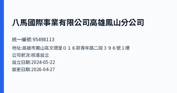八馬國際事業有限公司高雄鳳山分公司的照片-統編 95498113(高雄市) 公司登記資料與營業項目詳細圖表