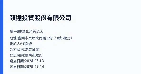 頤達投資股份有限公司的照片-統編 95498710(臺南市) 公司登記資料與營業項目詳細圖表