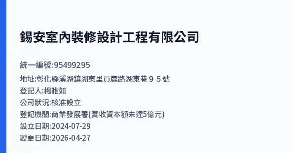 錫安室內裝修設計工程有限公司的照片-統編 95499295(彰化縣) 公司登記資料與營業項目詳細圖表