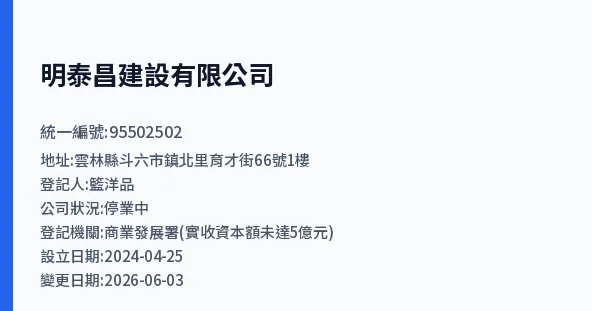 明泰昌建設有限公司的照片-統編 95502502(雲林縣) 公司登記資料與營業項目詳細圖表