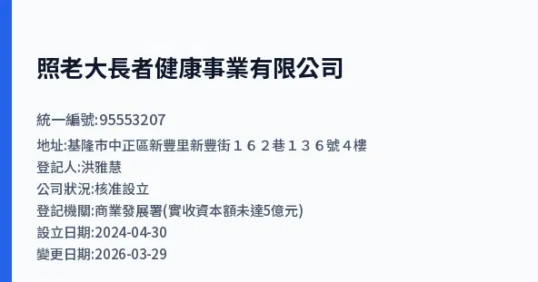 照老大長者健康事業有限公司的照片-統編 95553207(基隆市) 公司登記資料與營業項目詳細圖表