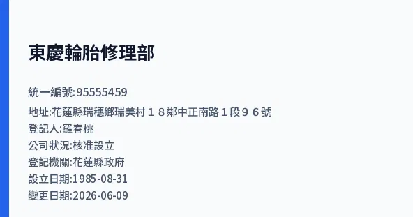 東慶輪胎修理部的照片-統編 95555459(花蓮縣) 公司登記資料與營業項目詳細圖表
