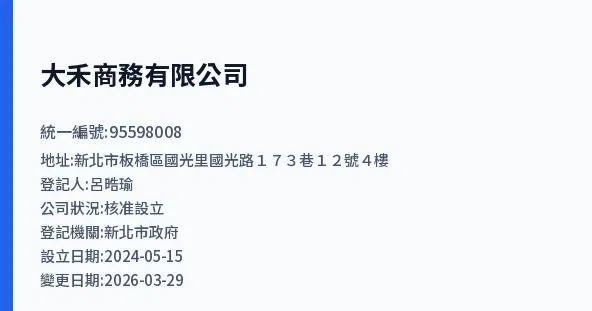 大禾商務有限公司的照片-統編 95598008(新北市) 公司登記資料與營業項目詳細圖表