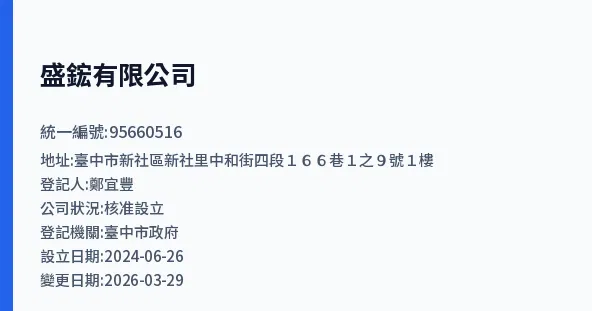 盛鋐有限公司的照片-統編 95660516(臺中市) 公司登記資料與營業項目詳細圖表