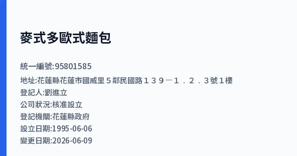 麥式多歐式麵包的照片-統編 95801585(花蓮縣) 公司登記資料與營業項目詳細圖表