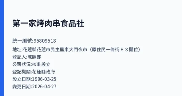 第一家烤肉串食品社的照片-統編 95809518(花蓮縣) 公司登記資料與營業項目詳細圖表