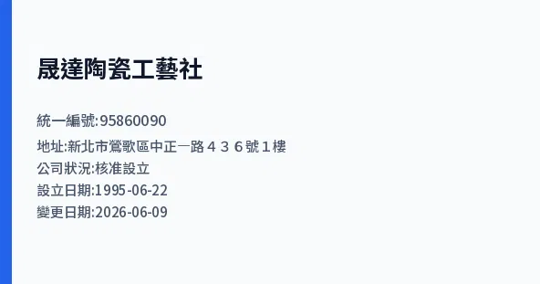 晟達陶瓷工藝社的照片-統編 95860090(新北市) 公司登記資料與營業項目詳細圖表