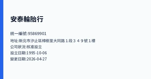 安泰輪胎行的照片-統編 95869901(新北市) 公司登記資料與營業項目詳細圖表