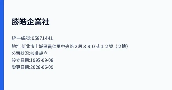 勝皓企業社的照片-統編 95871441(新北市) 公司登記資料與營業項目詳細圖表
