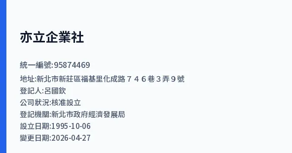 亦立企業社的照片-統編 95874469(新北市) 公司登記資料與營業項目詳細圖表