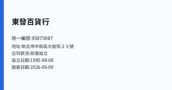 東發百貨行的照片-統編 95875087(新北市) 公司登記資料與營業項目詳細圖表