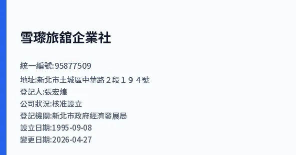 雪瓈旅舘企業社的照片-統編 95877509(新北市) 公司登記資料與營業項目詳細圖表
