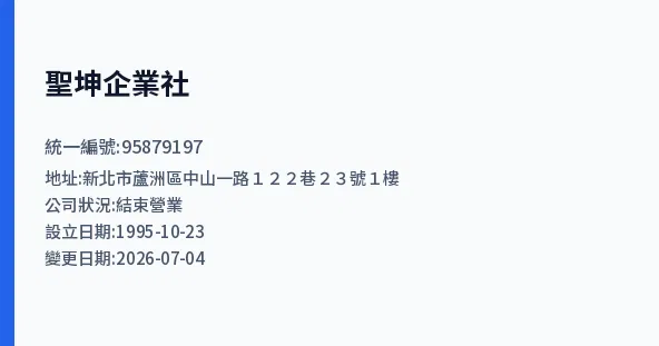 聖坤企業社的照片-統編 95879197(新北市) 公司登記資料與營業項目詳細圖表