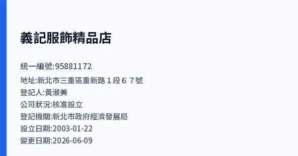 義記服飾精品店的照片-統編 95881172(新北市) 公司登記資料與營業項目詳細圖表