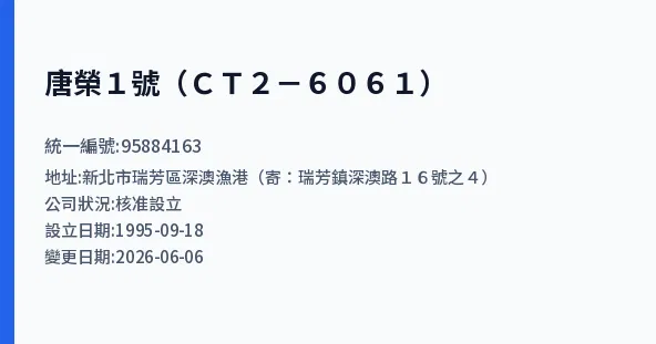 唐榮1號(CT2-6061)的照片-統編 95884163(新北市) 公司登記資料與營業項目詳細圖表