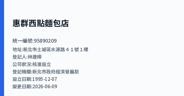 惠群西點麵包店的照片-統編 95890209(新北市) 公司登記資料與營業項目詳細圖表