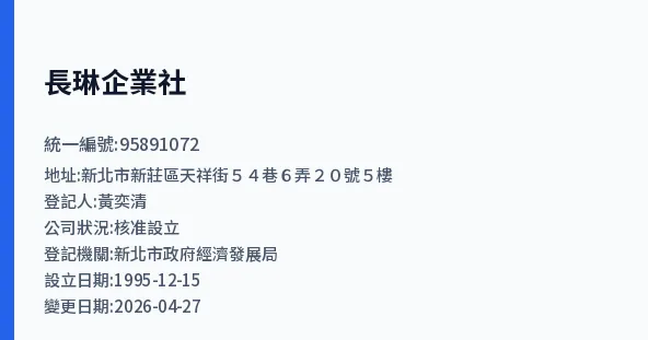 長琳企業社的照片-統編 95891072(新北市) 公司登記資料與營業項目詳細圖表