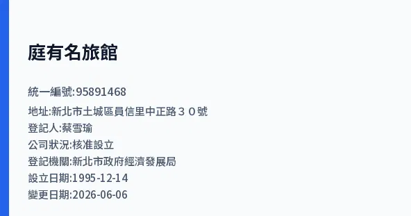 庭有名旅館的照片-統編 95891468(新北市) 公司登記資料與營業項目詳細圖表