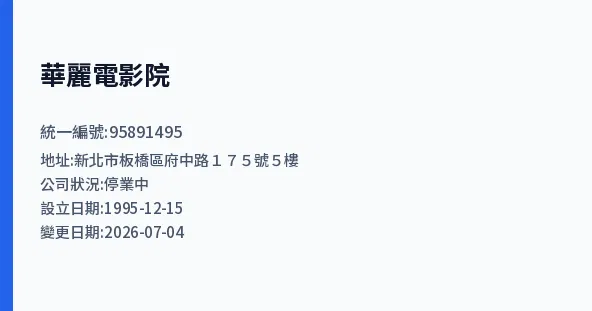華麗電影院的照片-統編 95891495(新北市) 公司登記資料與營業項目詳細圖表