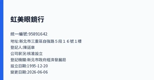 虹美眼鏡行的照片-統編 95891642(新北市) 公司登記資料與營業項目詳細圖表
