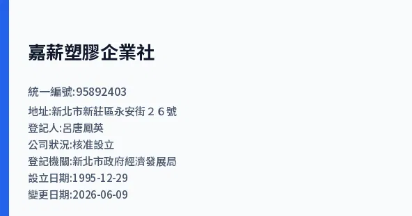 嘉薪塑膠企業社的照片-統編 95892403(新北市) 公司登記資料與營業項目詳細圖表