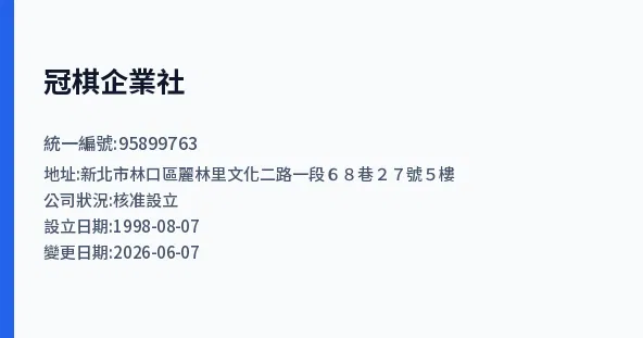 冠棋企業社的照片-統編 95899763(新北市) 公司登記資料與營業項目詳細圖表