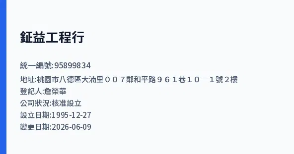 鉦益工程行的照片-統編 95899834(桃園市) 公司登記資料與營業項目詳細圖表