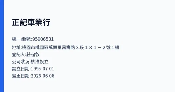 正記車業行的照片-統編 95906531(桃園市) 公司登記資料與營業項目詳細圖表