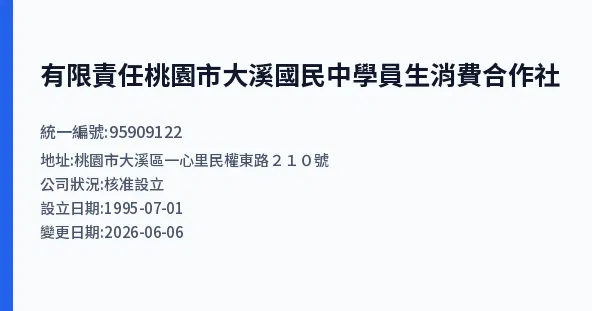 有限責任桃園市大溪國民中學員生消費合作社的照片-統編 95909122(桃園市) 公司登記資料與營業項目詳細圖表
