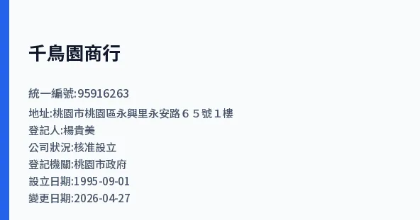 千鳥園商行的照片-統編 95916263(桃園市) 公司登記資料與營業項目詳細圖表