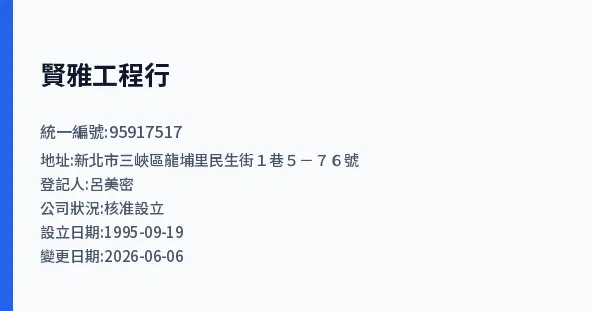 賢雅工程行的照片-統編 95917517(新北市) 公司登記資料與營業項目詳細圖表