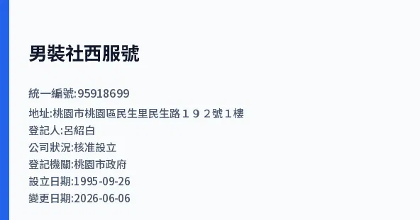 男裝社西服號的照片-統編 95918699(桃園市) 公司登記資料與營業項目詳細圖表