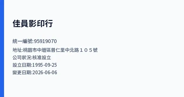 佳員影印行的照片-統編 95919070(桃園市) 公司登記資料與營業項目詳細圖表