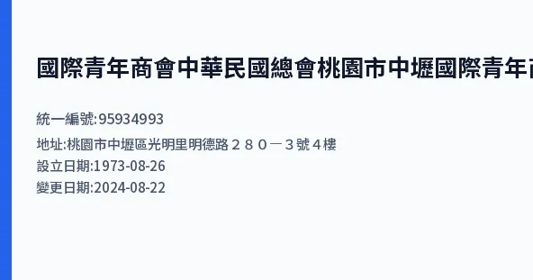 國際青年商會中華民國總會桃園市中壢國際青年商會的照片-統編 95934993(桃園市) 公司登記資料與營業項目詳細圖表