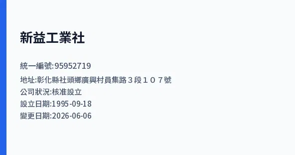 新益工業社的照片-統編 95952719(彰化縣) 公司登記資料與營業項目詳細圖表
