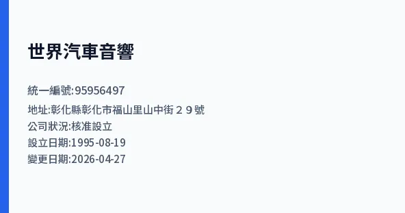 世界汽車音響的照片-統編 95956497(彰化縣) 公司登記資料與營業項目詳細圖表