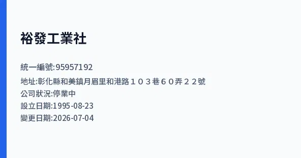 裕發工業社的照片-統編 95957192(彰化縣) 公司登記資料與營業項目詳細圖表