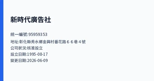 新時代廣告社的照片-統編 95959353(彰化縣) 公司登記資料與營業項目詳細圖表