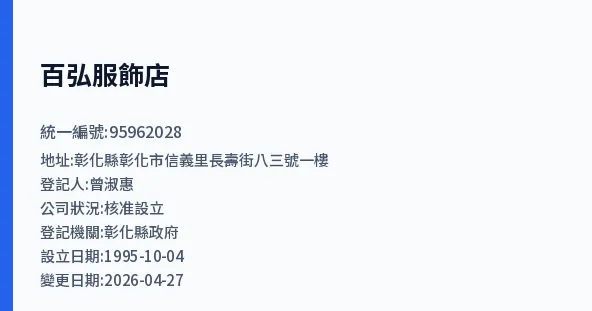 百弘服飾店的照片-統編 95962028(彰化縣) 公司登記資料與營業項目詳細圖表