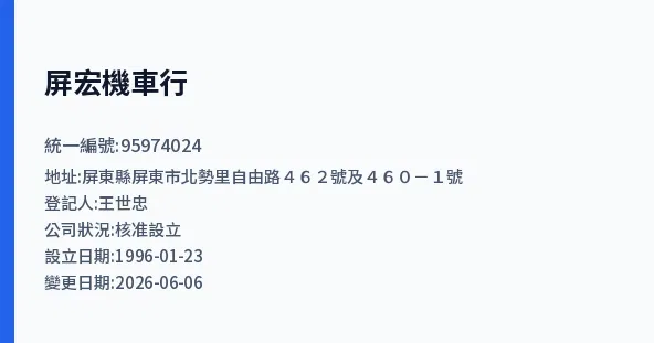 屏宏機車行的照片-統編 95974024(屏東縣) 公司登記資料與營業項目詳細圖表