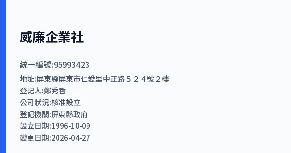 威廉企業社的照片-統編 95993423(屏東縣) 公司登記資料與營業項目詳細圖表