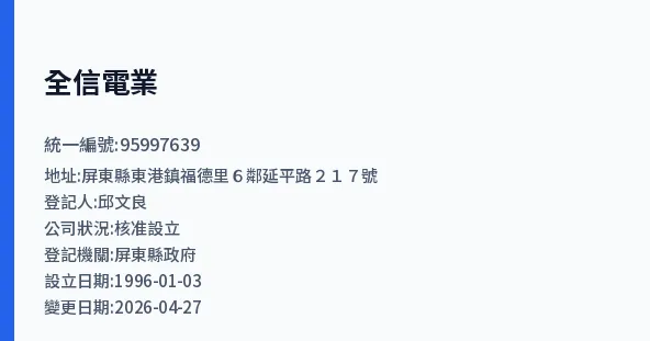 全信電業的照片-統編 95997639(屏東縣) 公司登記資料與營業項目詳細圖表
